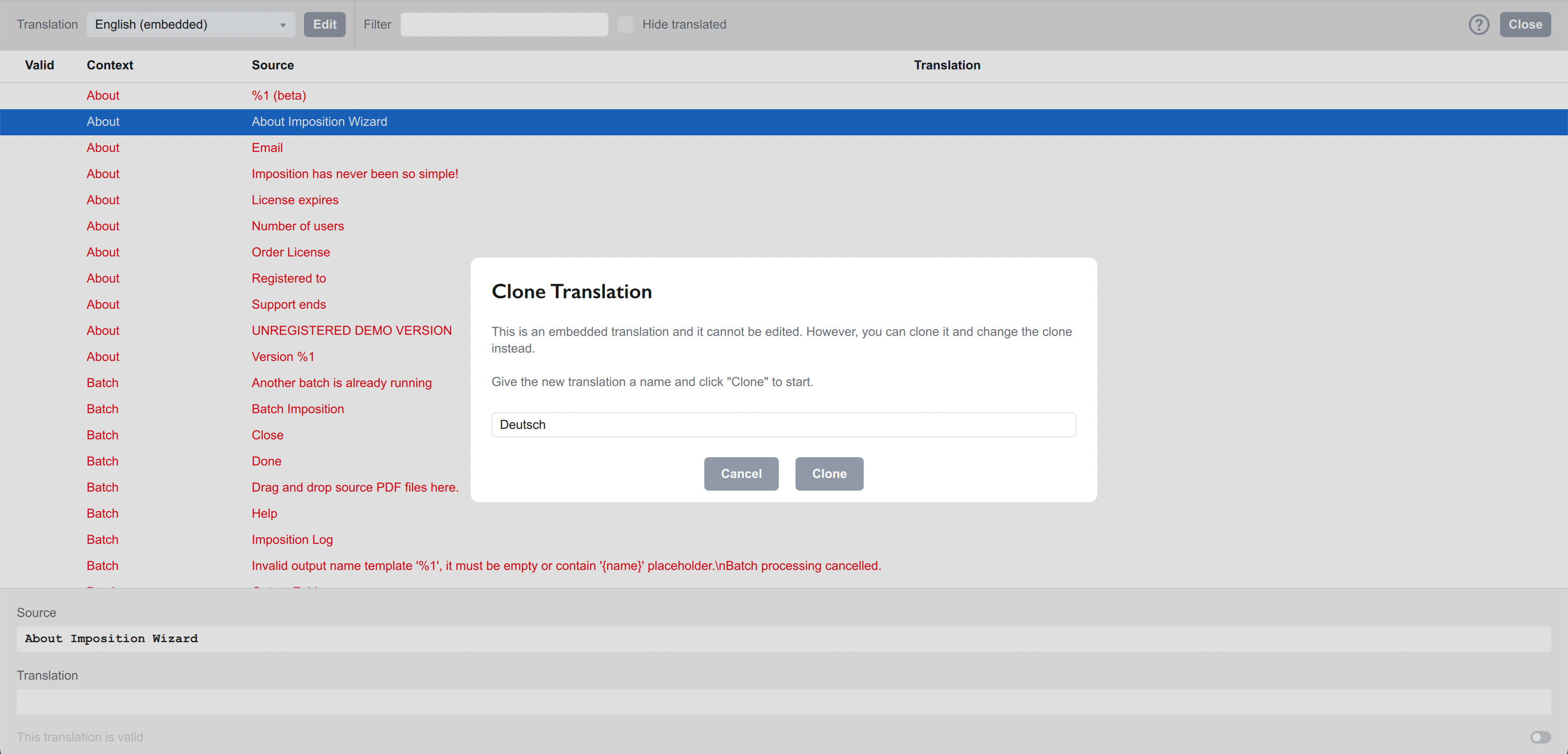 Translating Imposition Wizard User Interface
