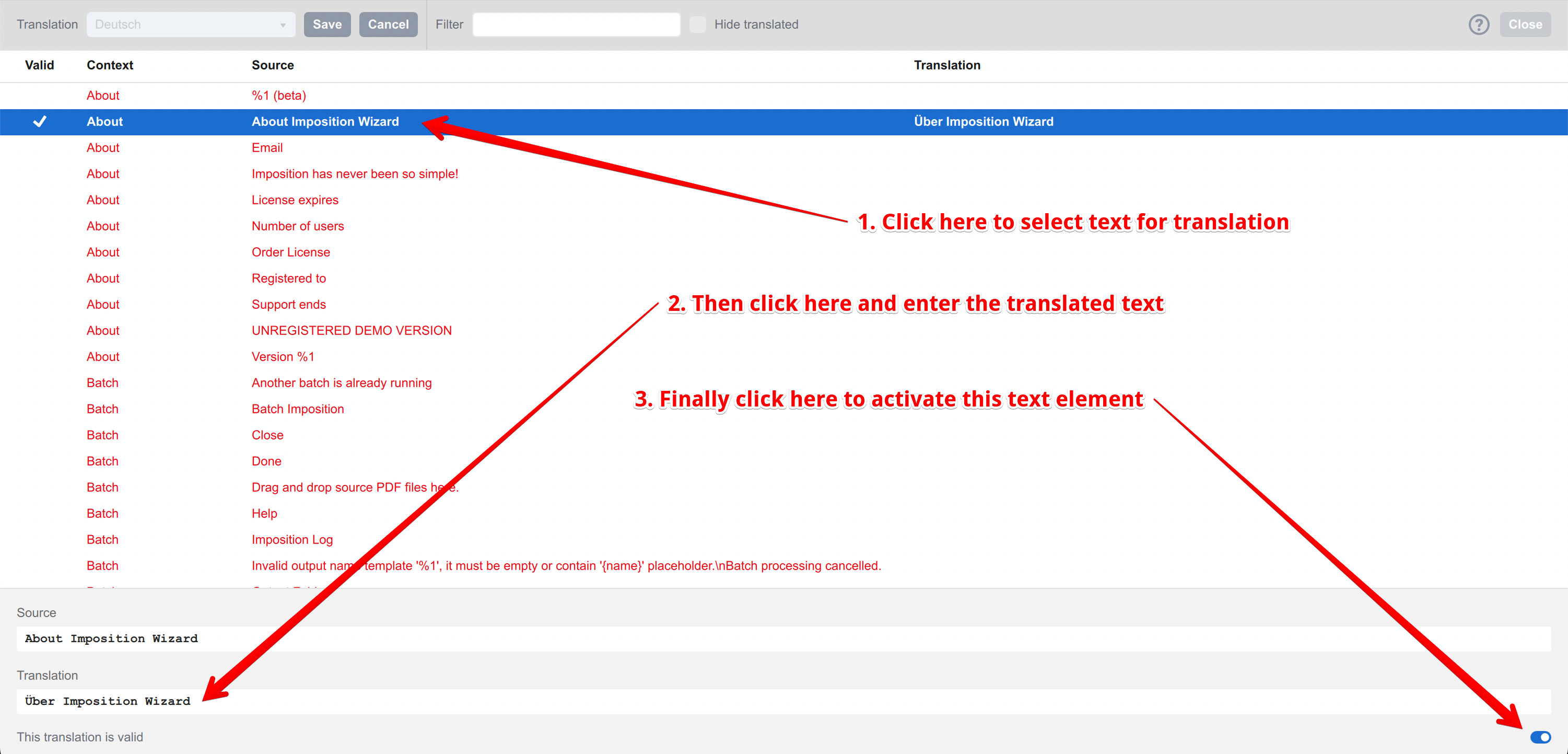 Translating Imposition Wizard User Interface